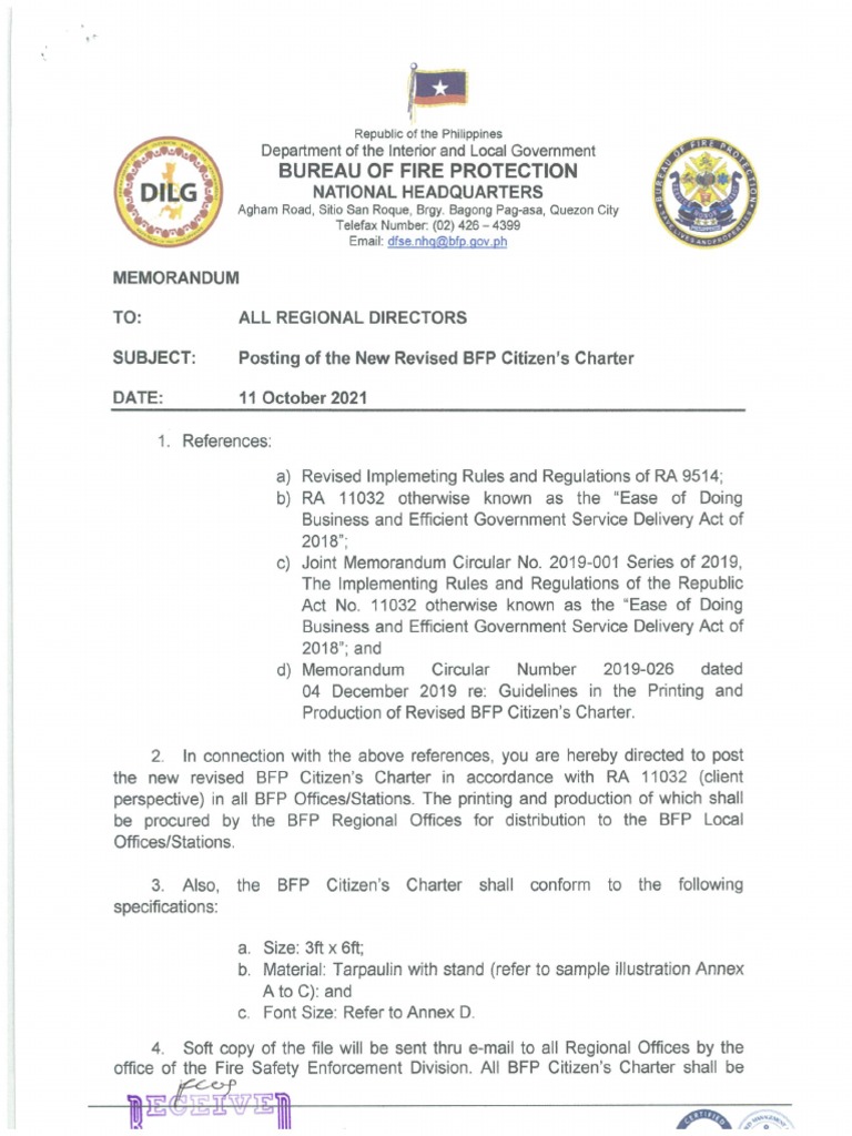 2 Memo Re Posting of the CY 2021 New Revised BFP Citizens Charter | PDF