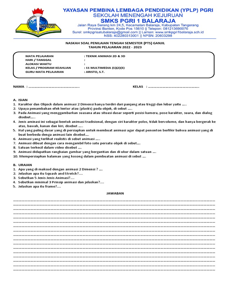 Aristo Soal KLS 11 Teknik Animasi 2D & 3D | PDF