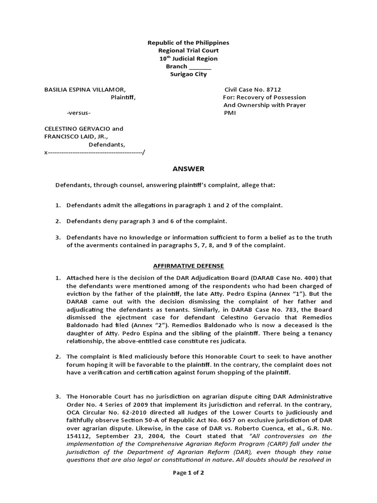 Defendants' Answer in Possession Case | PDF | Complaint | Lawsuit