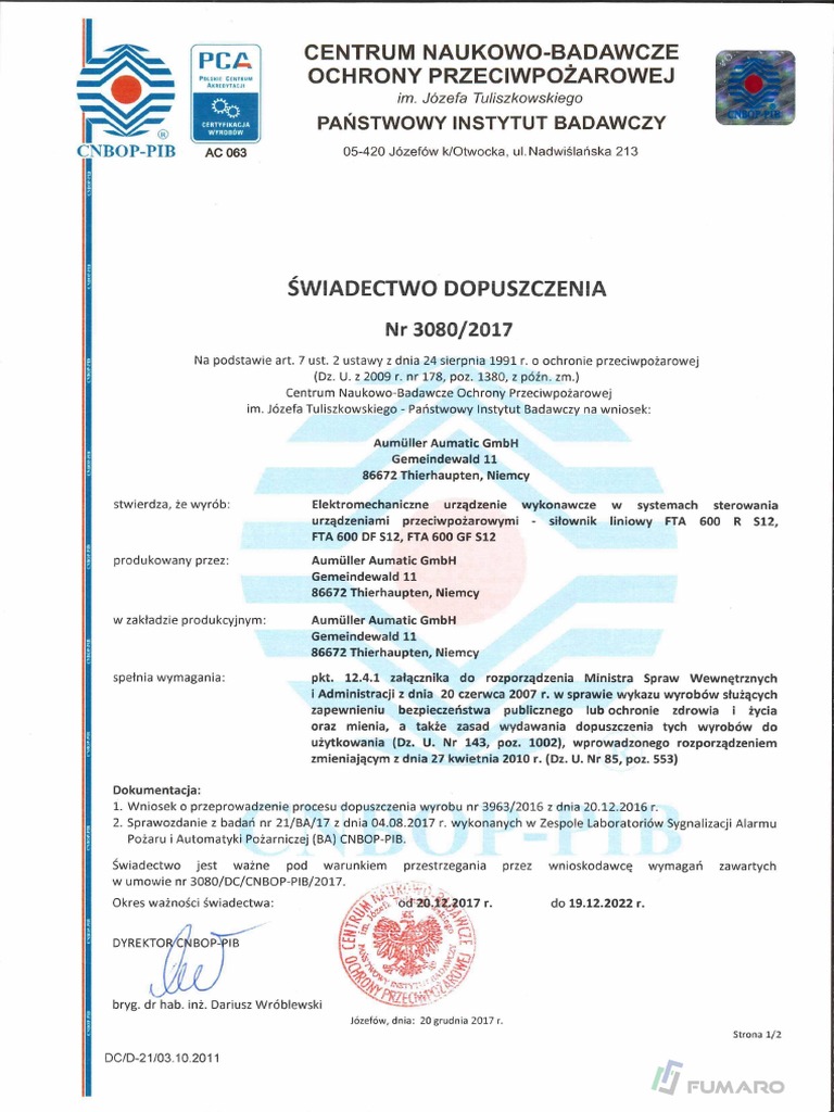FTA600 Świadectwo Dopuszczenia CNBOP 3080 1 | PDF