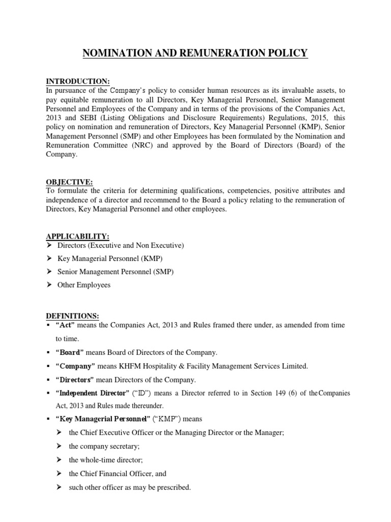 Nomination and Remuneration Policy | PDF | Board Of Directors | Employment