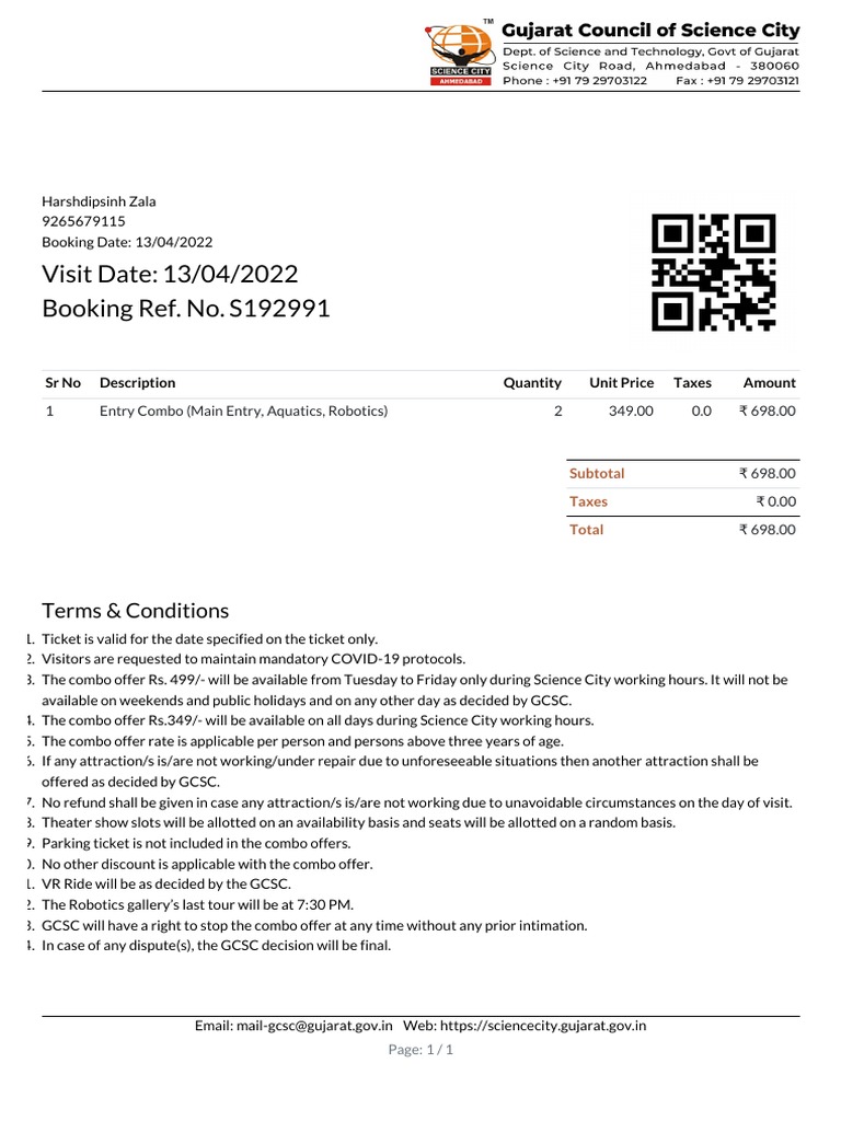 Visit Date: 13/04/2022 Booking Ref. No. S192991: Terms & Conditions | PDF