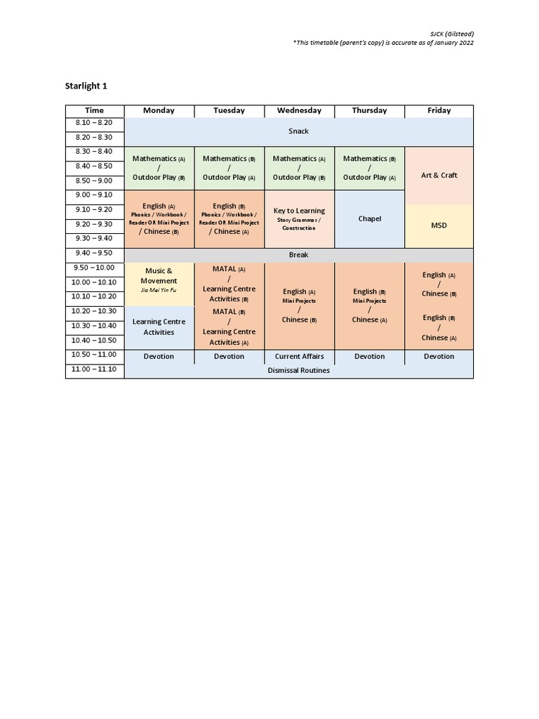 Nursery Class Timetable 2022 | PDF
