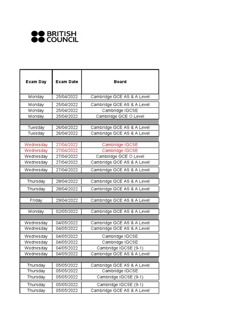 May/June 2022 Examination Session Main Timetable: Exam Day Exam Date Board | PDF | English ...