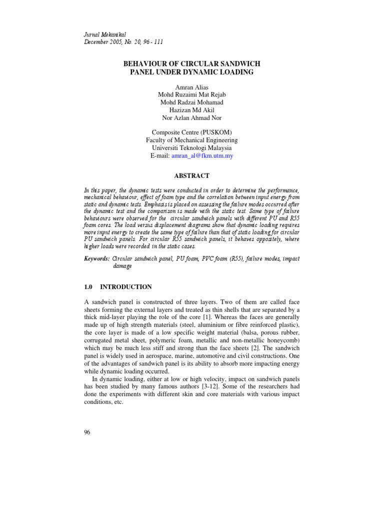 Behaviour of Circular Sandwich Panel Under Dynamic Loading: Amran - Al@fkm - Utm.my | PDF ...