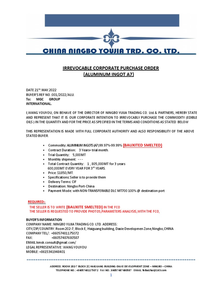 Irrevocable Corporate Purchase Order (Aluminum Ingot A7) : (Bauxited ...