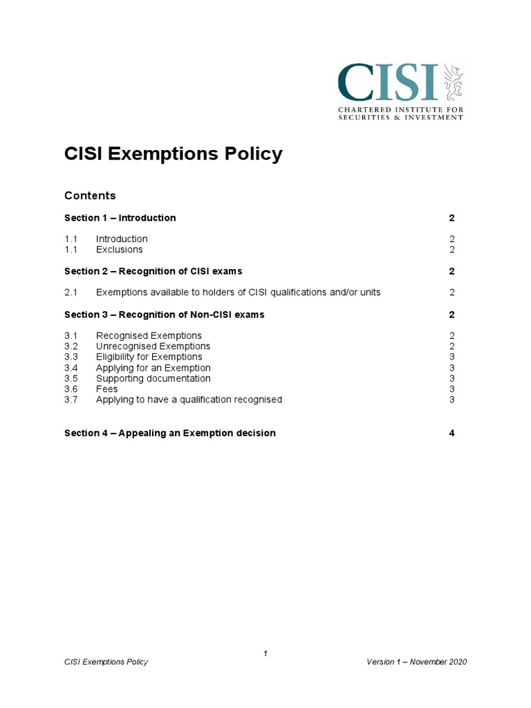 CISI Exemptions Policy: Section 1 - Introduction 2 | PDF | Test ...