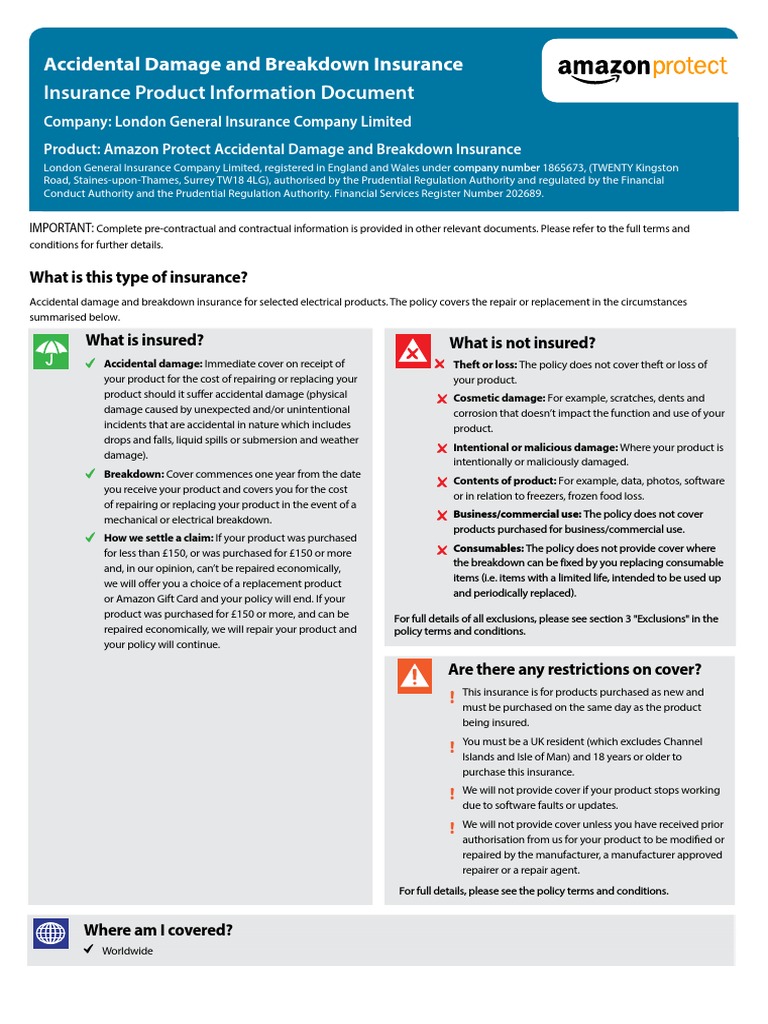 Accidental Damage and Breakdown Insurance Insurance Product Information ...