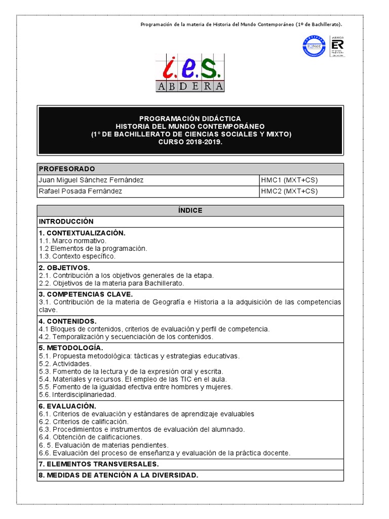 Programación Didáctica 1º Bachillerato Historia Mundo Contemporáneo | PDF | Plan de estudios ...