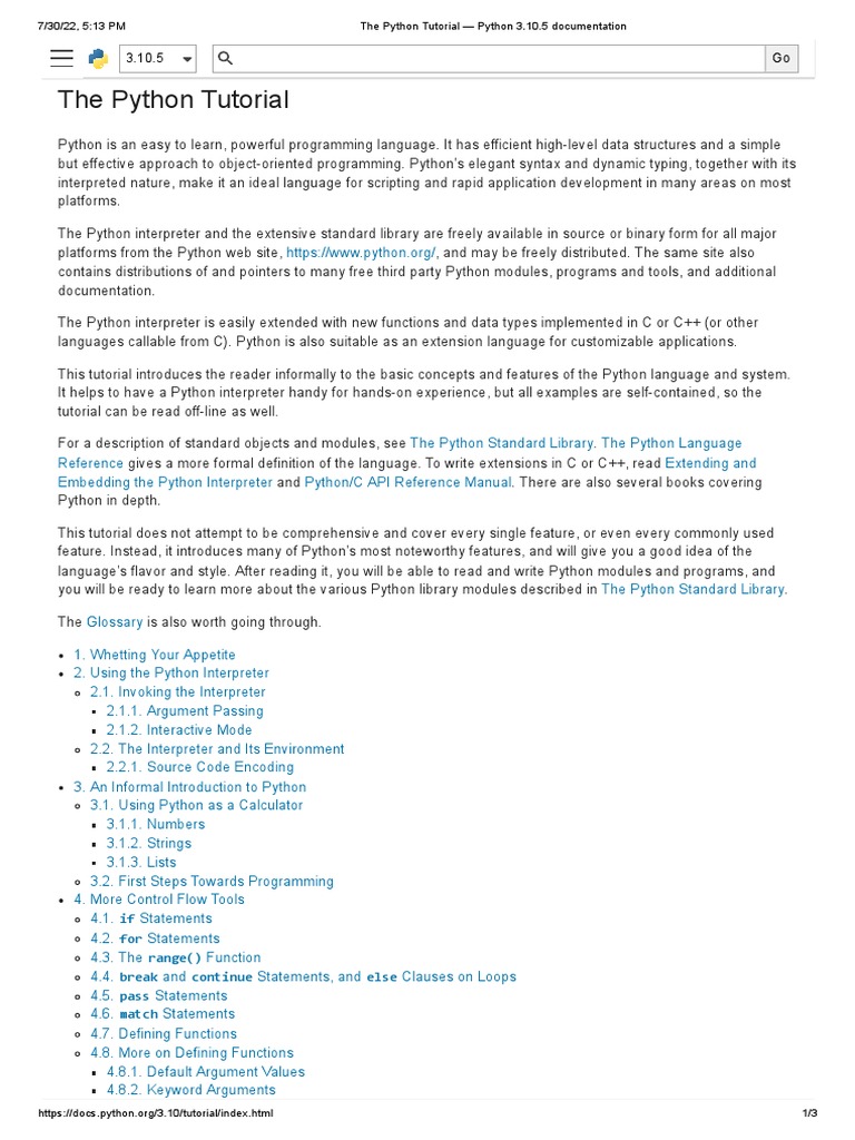 The Python Tutorial Python 3 10 5 Documentation Pdf Python