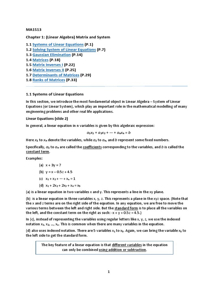 MA1513 Chapter 1 Lecture Note | PDF | System Of Linear Equations | Matrix (Mathematics)