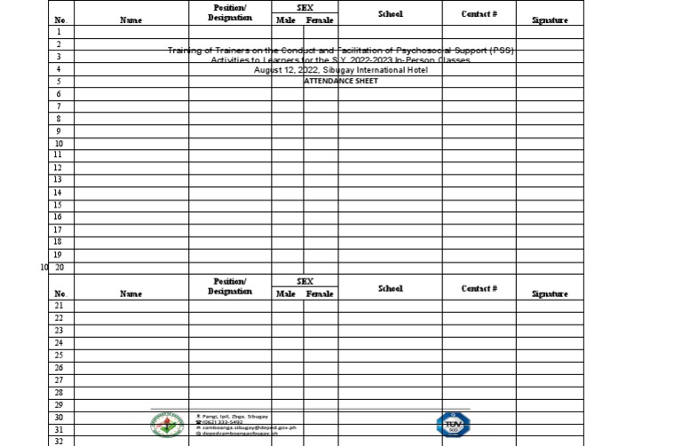 Training of Trainers Attendance Sheet PSS Activities 2022-2023 | PDF