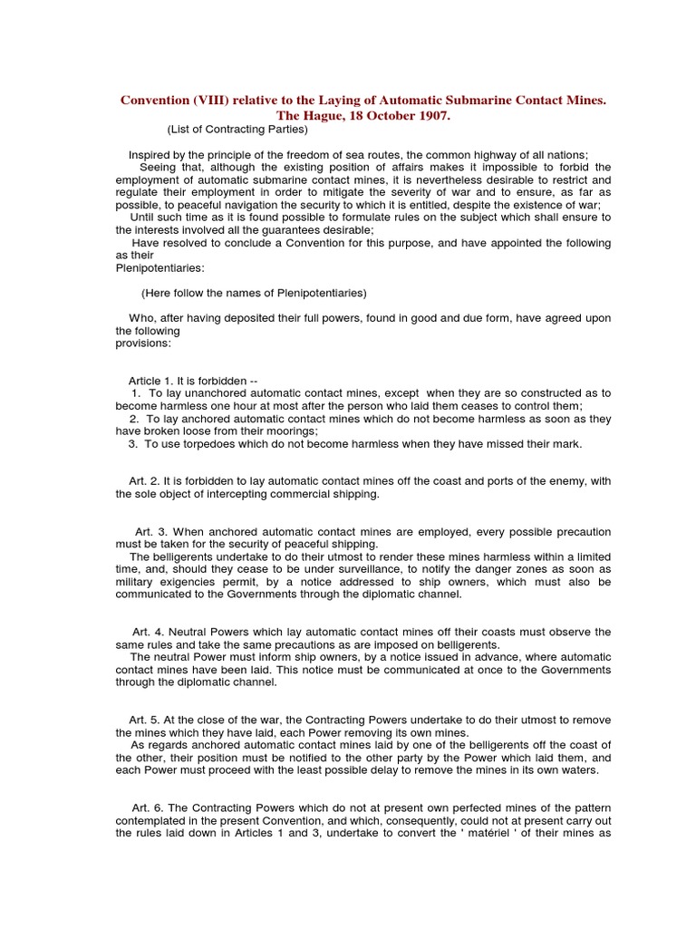 Convention (VIII) Relative To The Laying of Automatic Submarine Contact ...
