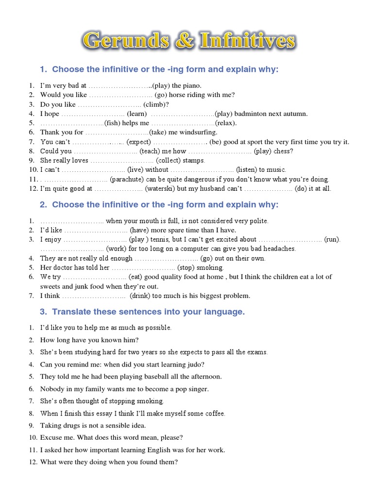The Verb - Infinitives and Gerund - Exercises | PDF