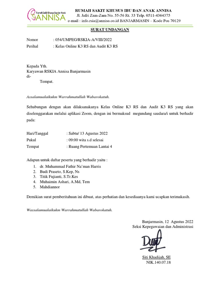 Surat Undangan Pertemuan Kelas Online 13 Agustus 2022 | PDF