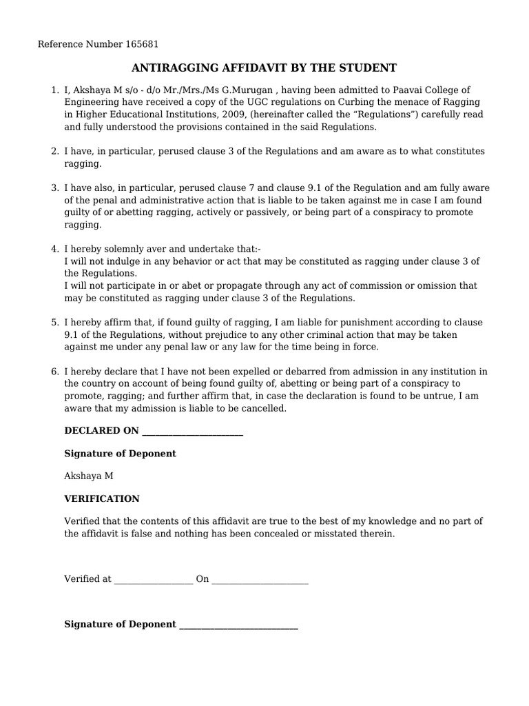 Antiragging Affidavit by The Student: DECLARED ON - Signature of ...