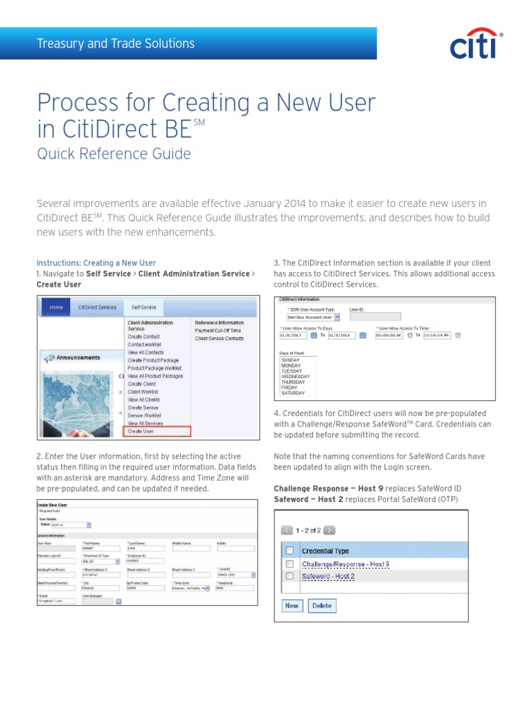 Process For Creating A New User in Citidirect Be: Quick Reference Guide ...