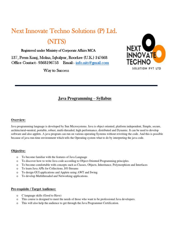 Course Content Java Programming 1 1 Pdf Java Programming Language Class Computer