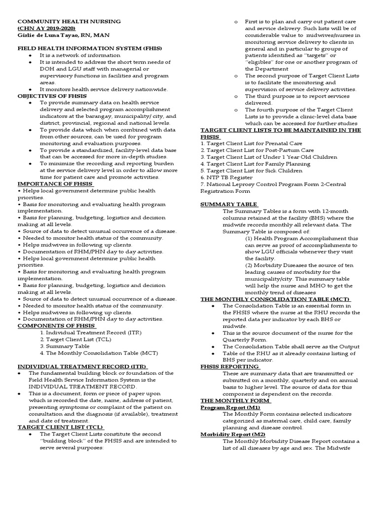 Field Health Information System Hand Out | PDF | Nursing | Health Care