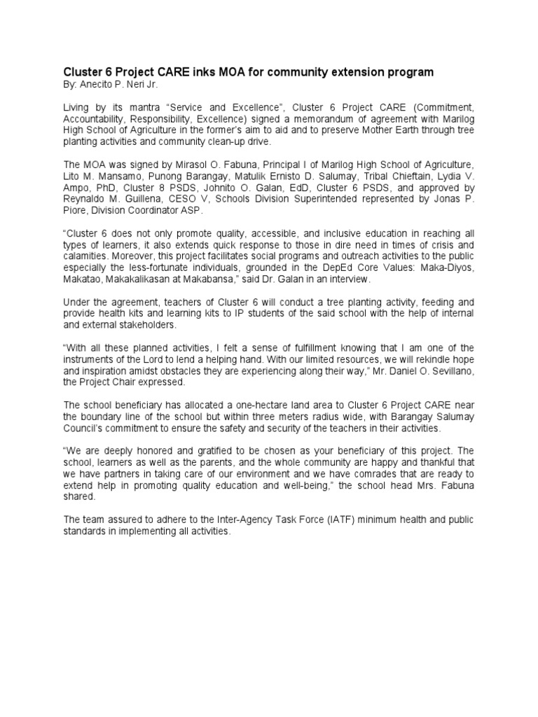 Cluster 6 Project CARE Inks MOA For Community Extension Program | PDF