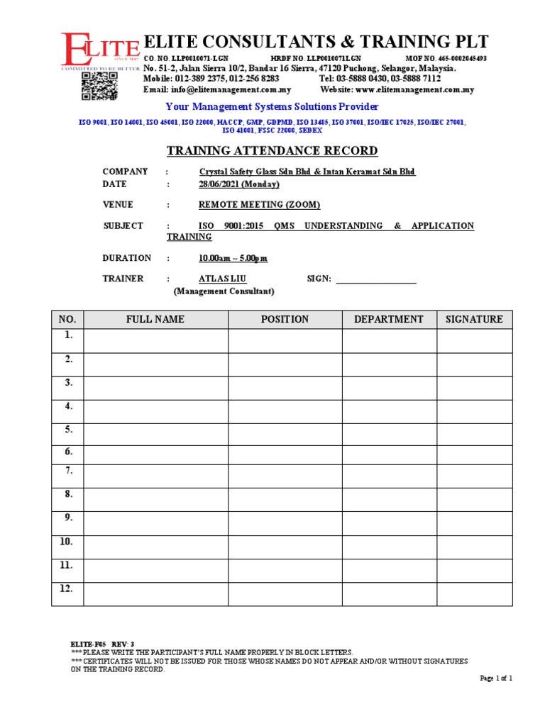 ELITE-F05 R.3 (Training Attendance Record) | PDF