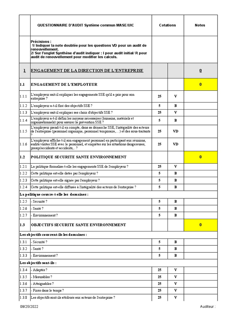 Questionnaire d'Audit SSE MASE/UIC | PDF | Audit | Sécurité