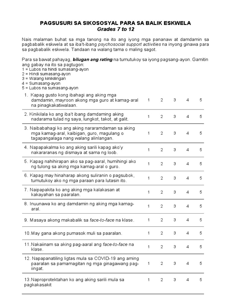 Pagsusuri Sa Sikososyal para Sa Balik Eskwela g7 12 | PDF