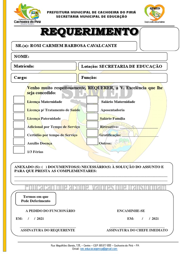 REQUERIMENTO PADRÃO SEMED Com Logo SEMED ATUALIZADO | PDF