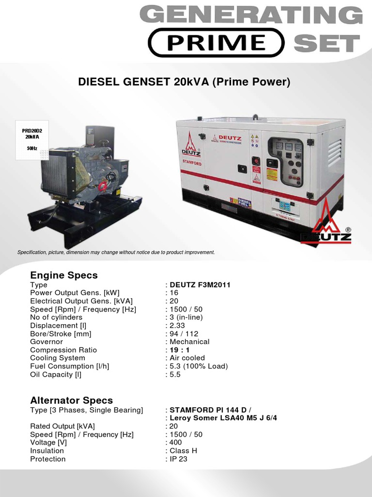 DIESEL GENSET 20kVA (Prime Power) : Engine Specs | PDF | Engines | Machines