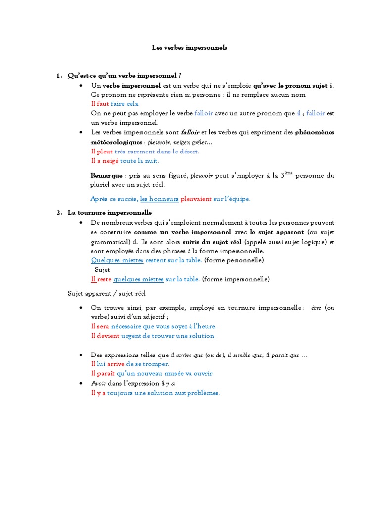 Les verbes impersonnels expliqués | PDF