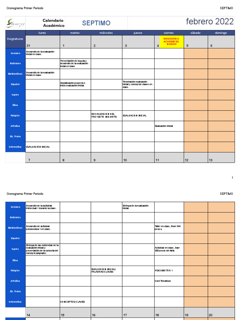 Cronograma Primer Periodo - SEPTIMO | PDF