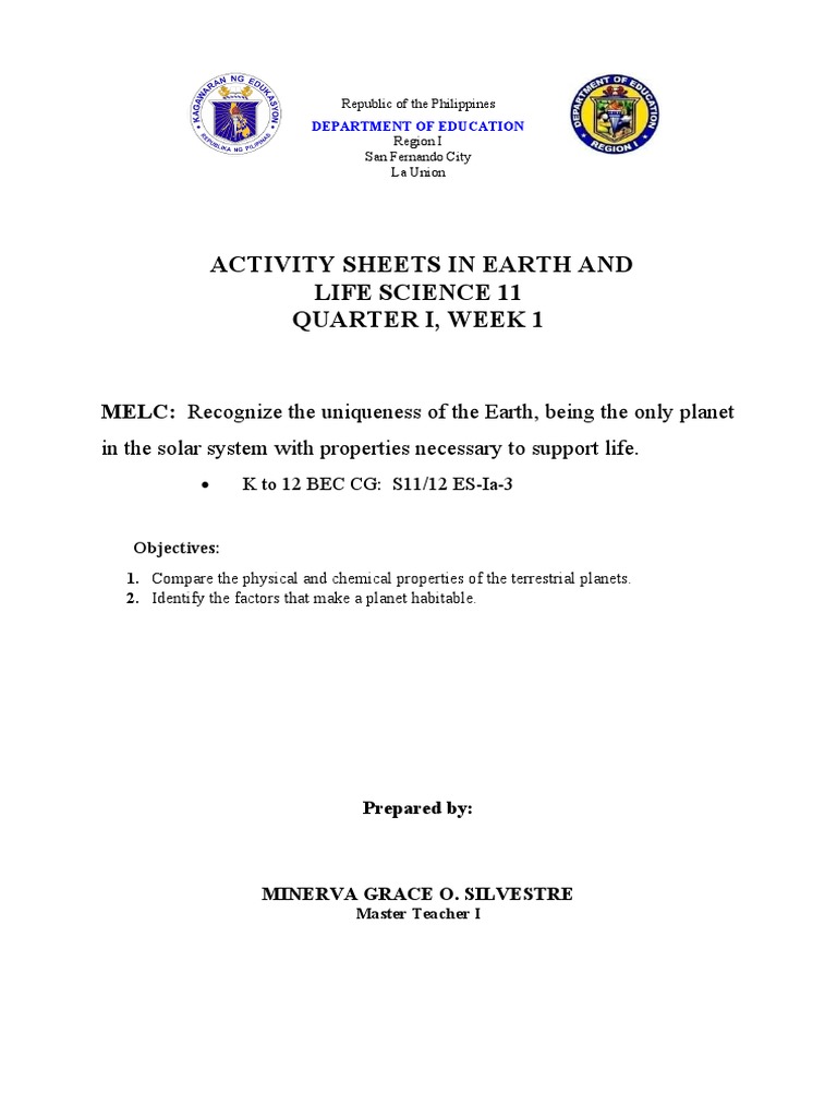 Activity Sheets in Earth and Life Science 11 Quarter I, Week 1 | PDF