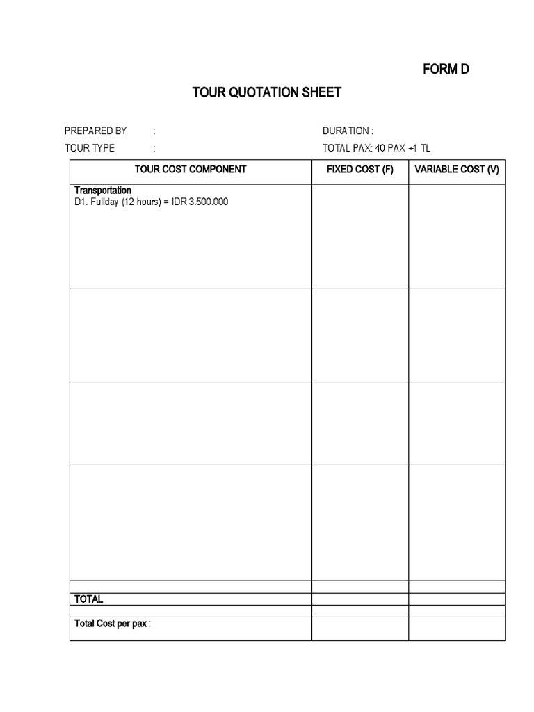 Form D Tour Quotation Sheet | PDF
