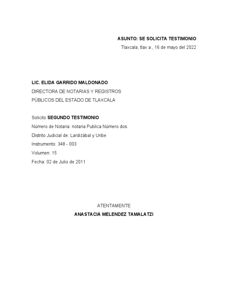 Solicitud de Segundo Testimonio - Abuelita | PDF Solicitud de Segundo Testimonio - Abuelita | PDF