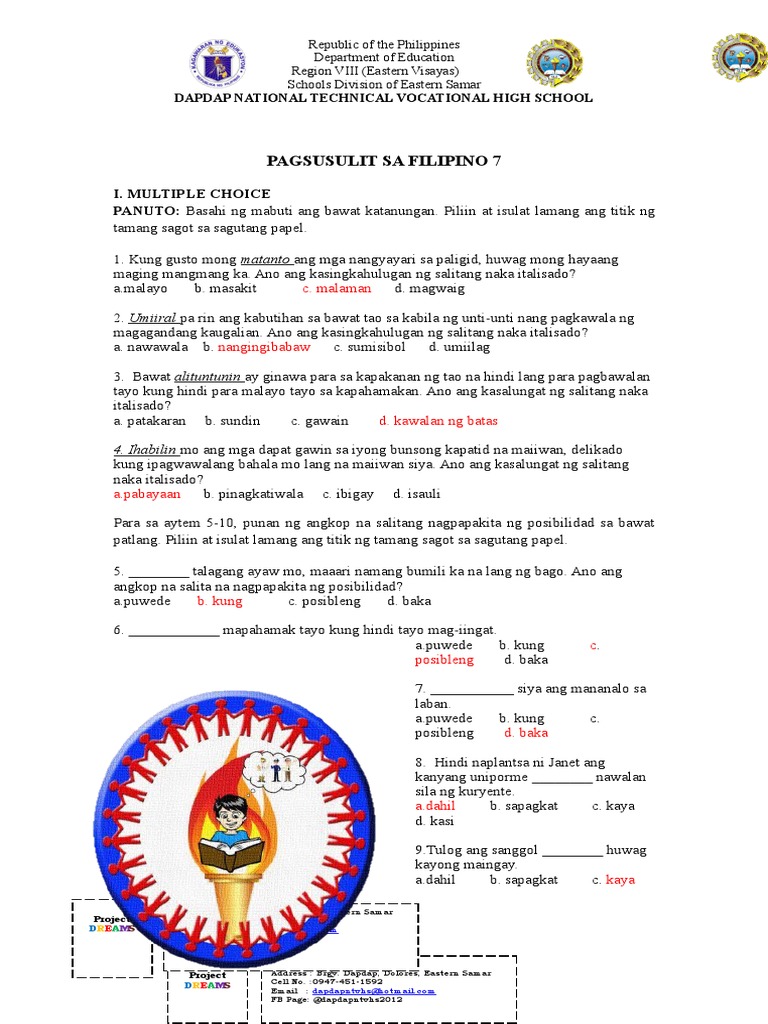 GRADE 7 FILIPINO 7 MODYUL 1 TOS AT PAGSUSULIT | PDF
