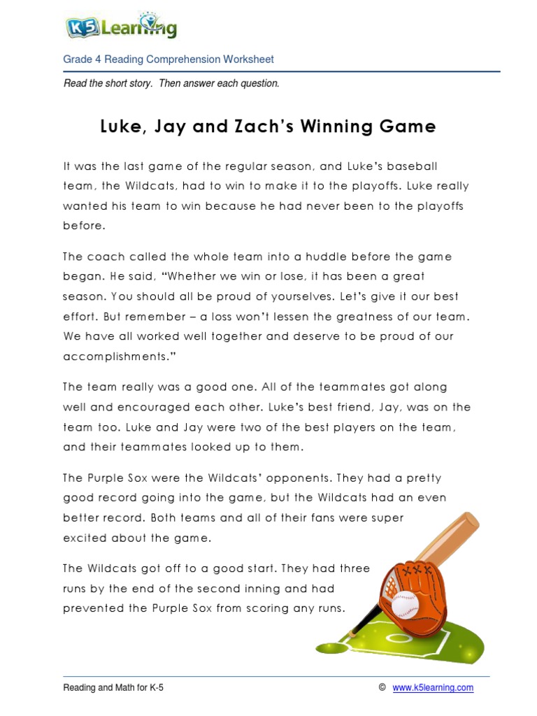 Luke, Jay and Zach's Winning Game: Grade 4 Reading Comprehension ...