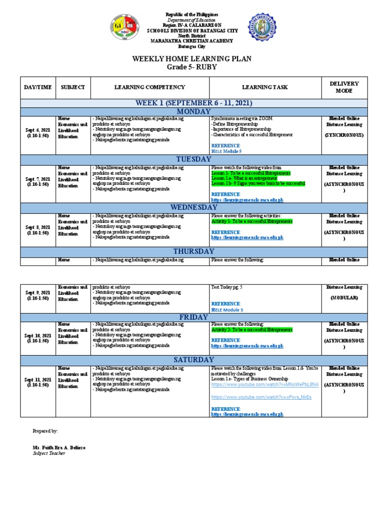 Weekly Home Learning Plan Grade 5-RUBY: WEEK 1 (SEPTEMBER 6 - 11, 2021) Monday | PDF | Distance ...