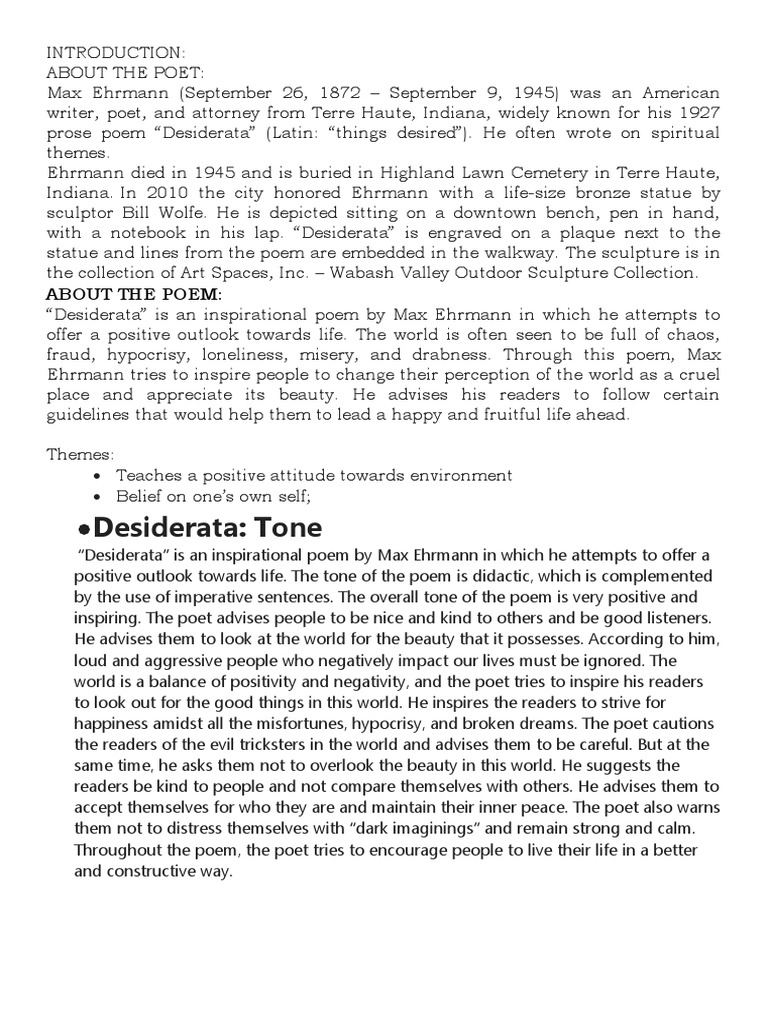 Max Ehrmann's Inspiring Poem: An Analysis of 'Desiderata' | PDF