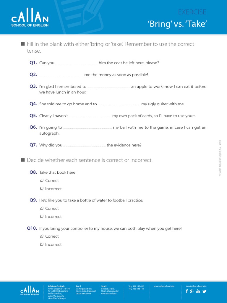 Bring' vs. Take': Exercise | PDF