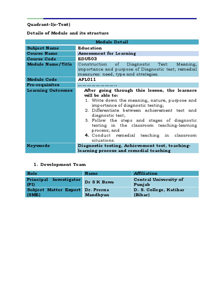 Diagnostic Test | PDF | Teaching Method | Learning Disability