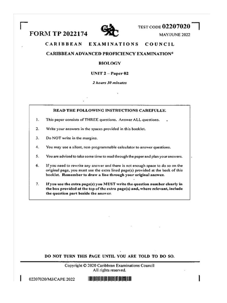 CAPE Biology Unit 2 Paper 2 June 2022 | PDF