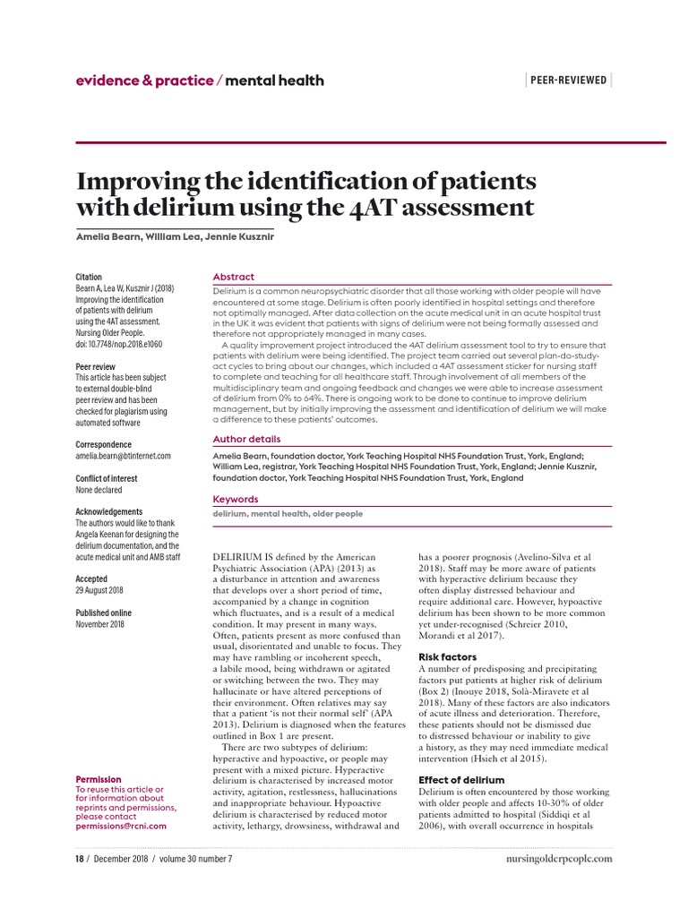 Delirium Using The 4at Assessment Pdf Dementia Nursing