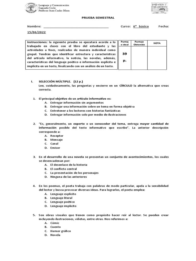 Prueba 6° Semestral Lenguajes y Comunicación | PDF | Información | Comunicación