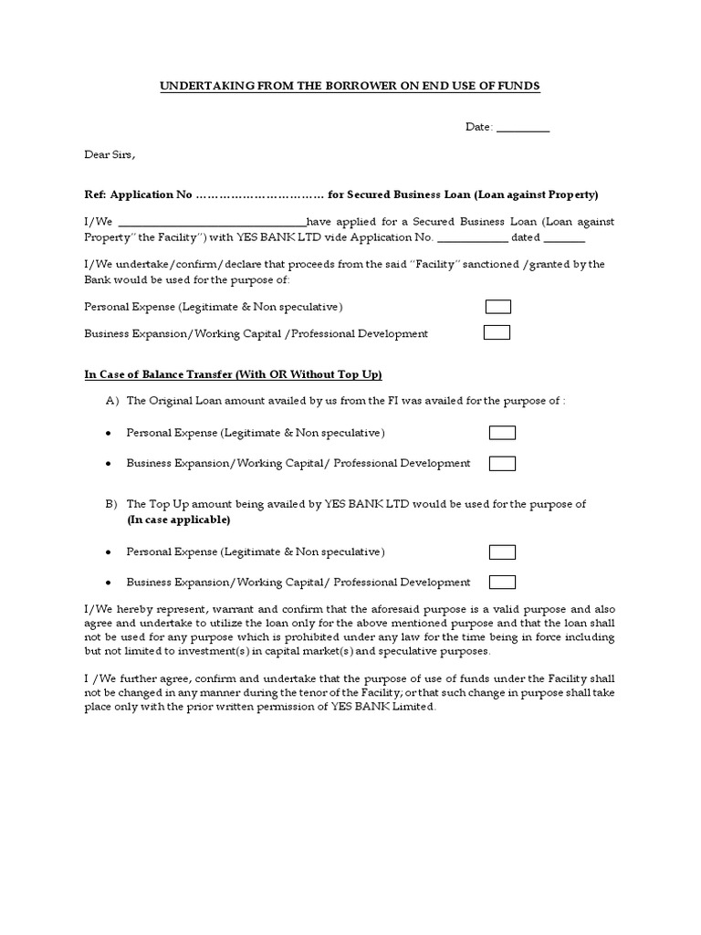 Loan Undertaking for Fund Usage | PDF | Loans | Business