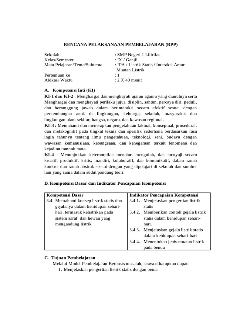 RPP Interaksi Muatan Listrik SMP | PDF | Seni & Disiplin Bahasa