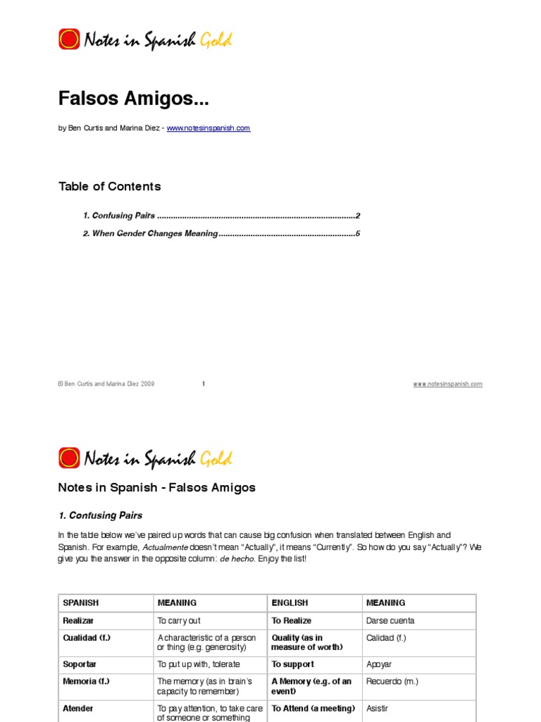 Notes in Spanish New Falsos Amigos | PDF | Languages