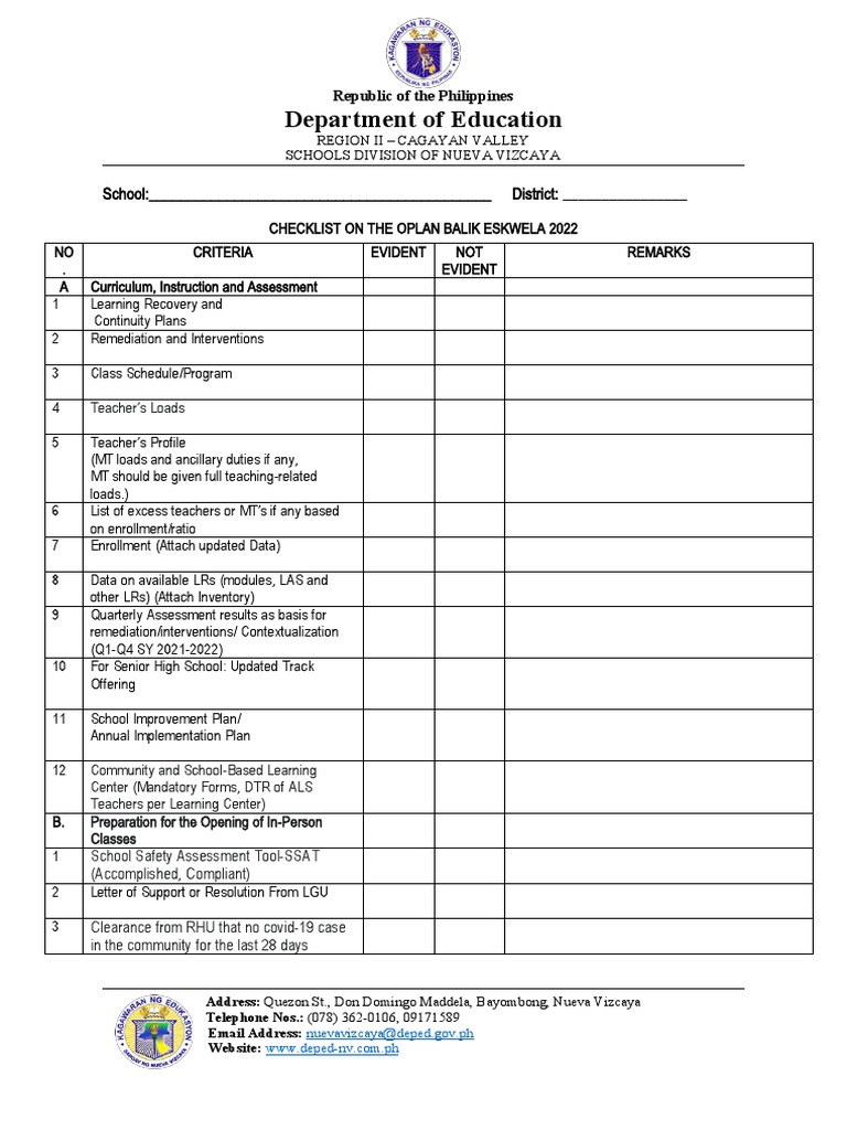 Checklist Oplan Balik Eskwela 2022 | PDF | Pedagogy | Teaching