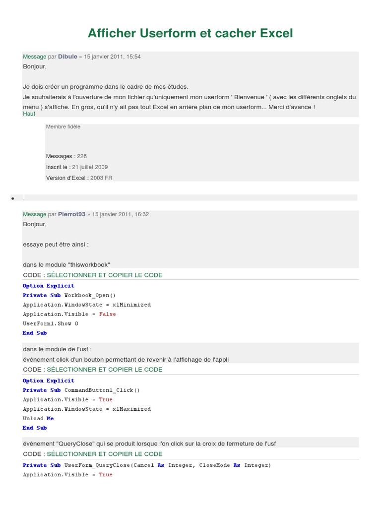 Excel - Afficher Userform Et Cacher Excel | PDF | Microsoft Excel ...