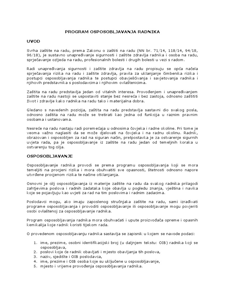 Program Osposobljavanja Radnika - Kratki | PDF