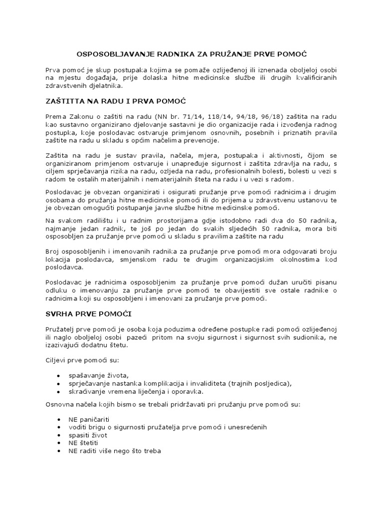Osposobljavanje Radnika Za Pružanje Prve Pomoći | PDF